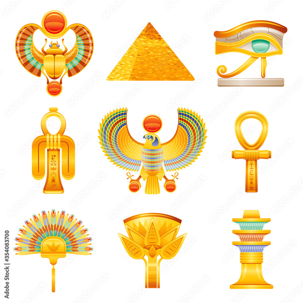 Ancient Egypt icon set. Egyptian pharaoh vector symbols. Ra sun Scarab ...