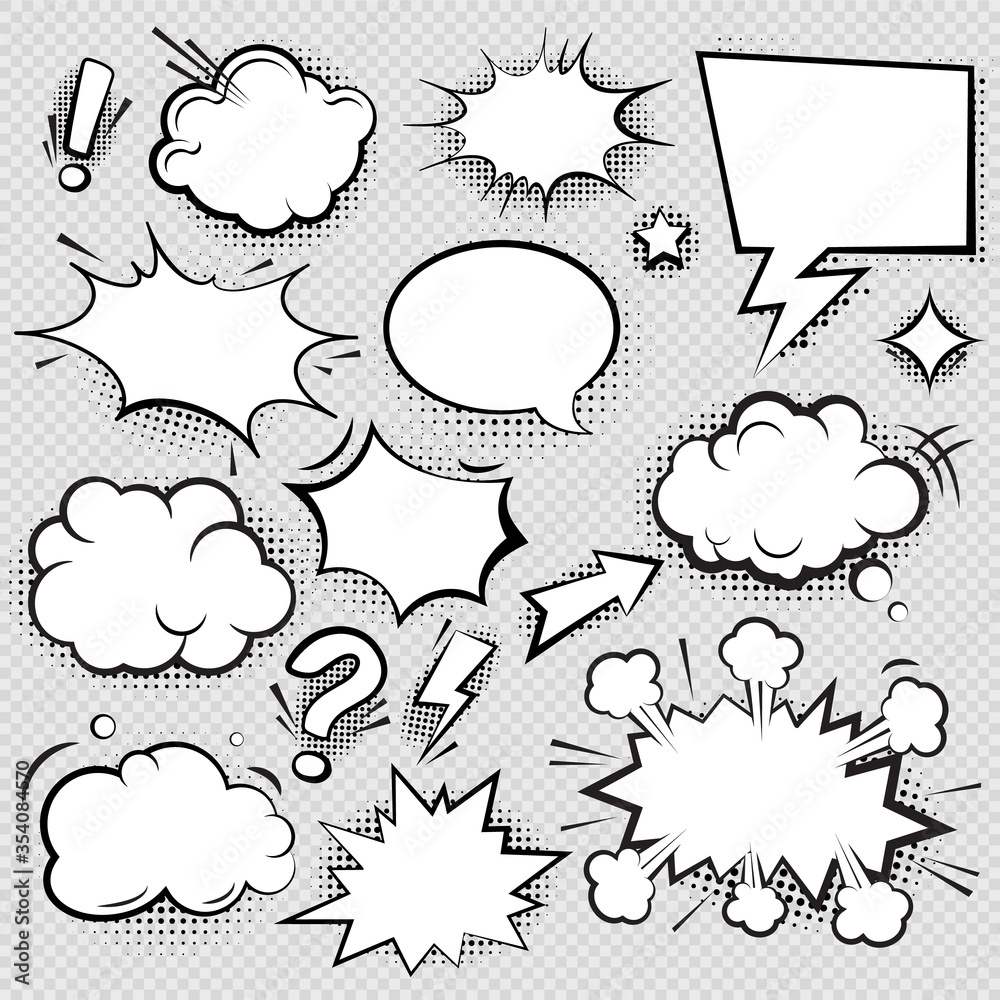 Set of comic speech bubbles and elements with halftone shadow effect in ...
