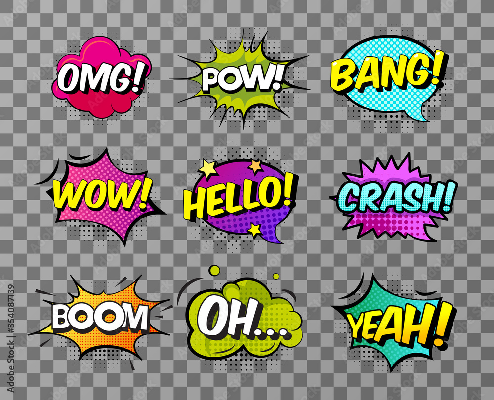 Collection of nine multicolored comic sound Effects on transparent ...