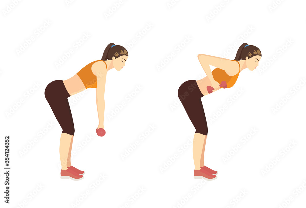 Sport Women doing Fitness with Dumbbell by Deadlift Back Row pose in 2 ...