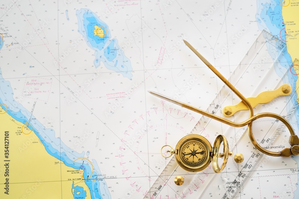 Retro styled golden compass (sundial), antique vintage W & HC 6" brass ...