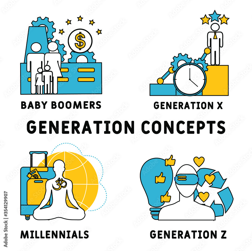 Generation concept icons set. Age groups idea thin line illustrations ...