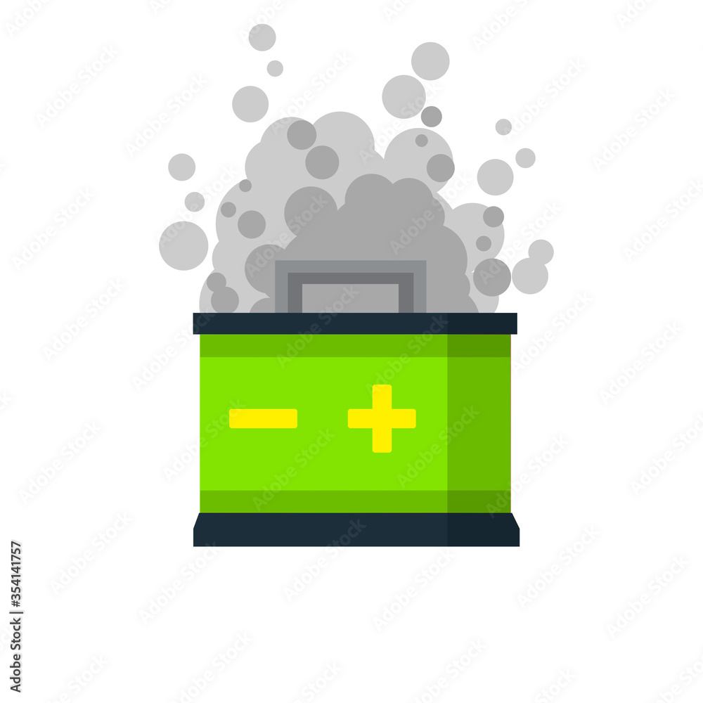 Broken car battery. Breakdown of the electric motor. Smoke and danger ...