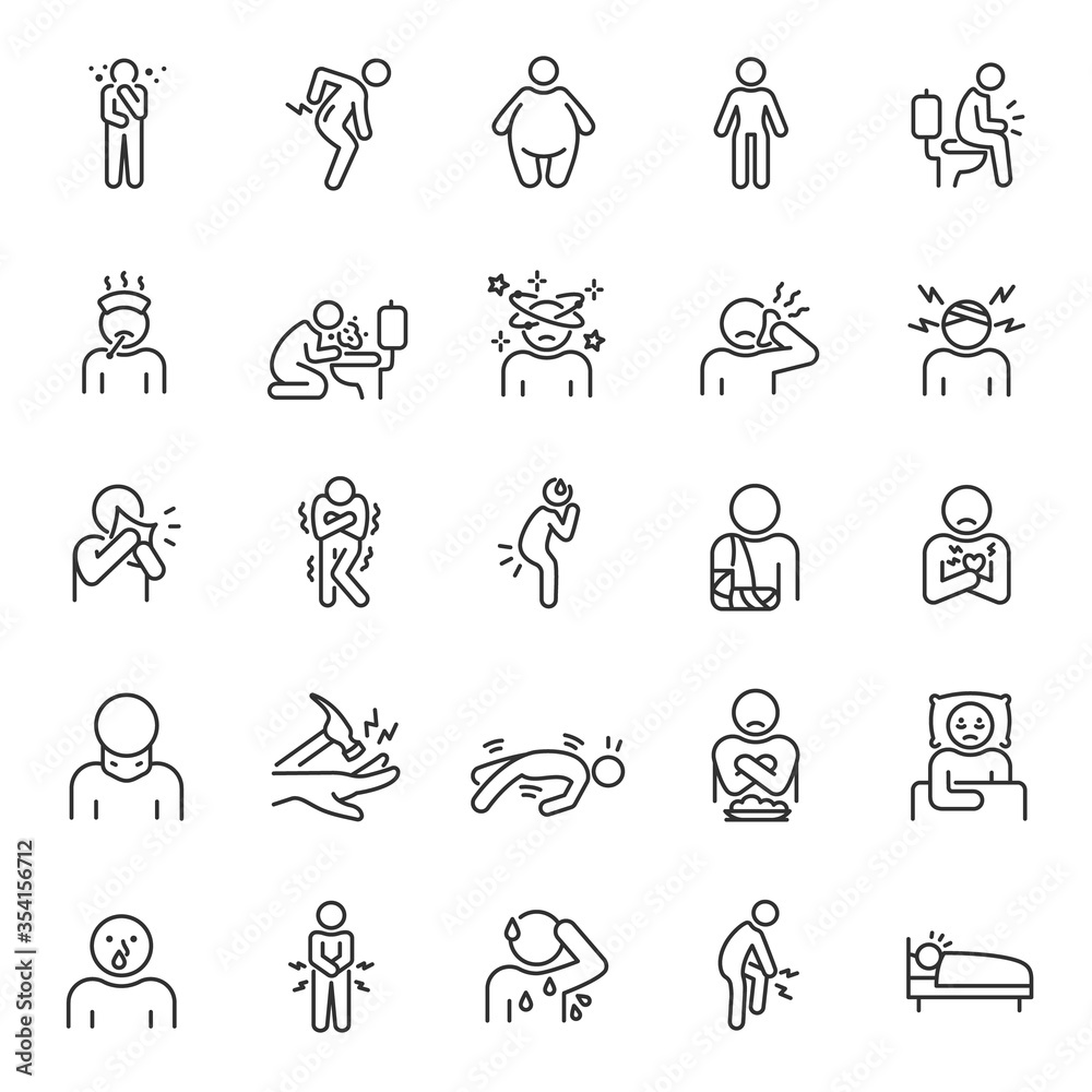 Diseases, icon set. Various symptoms of body disorders, medical signs ...