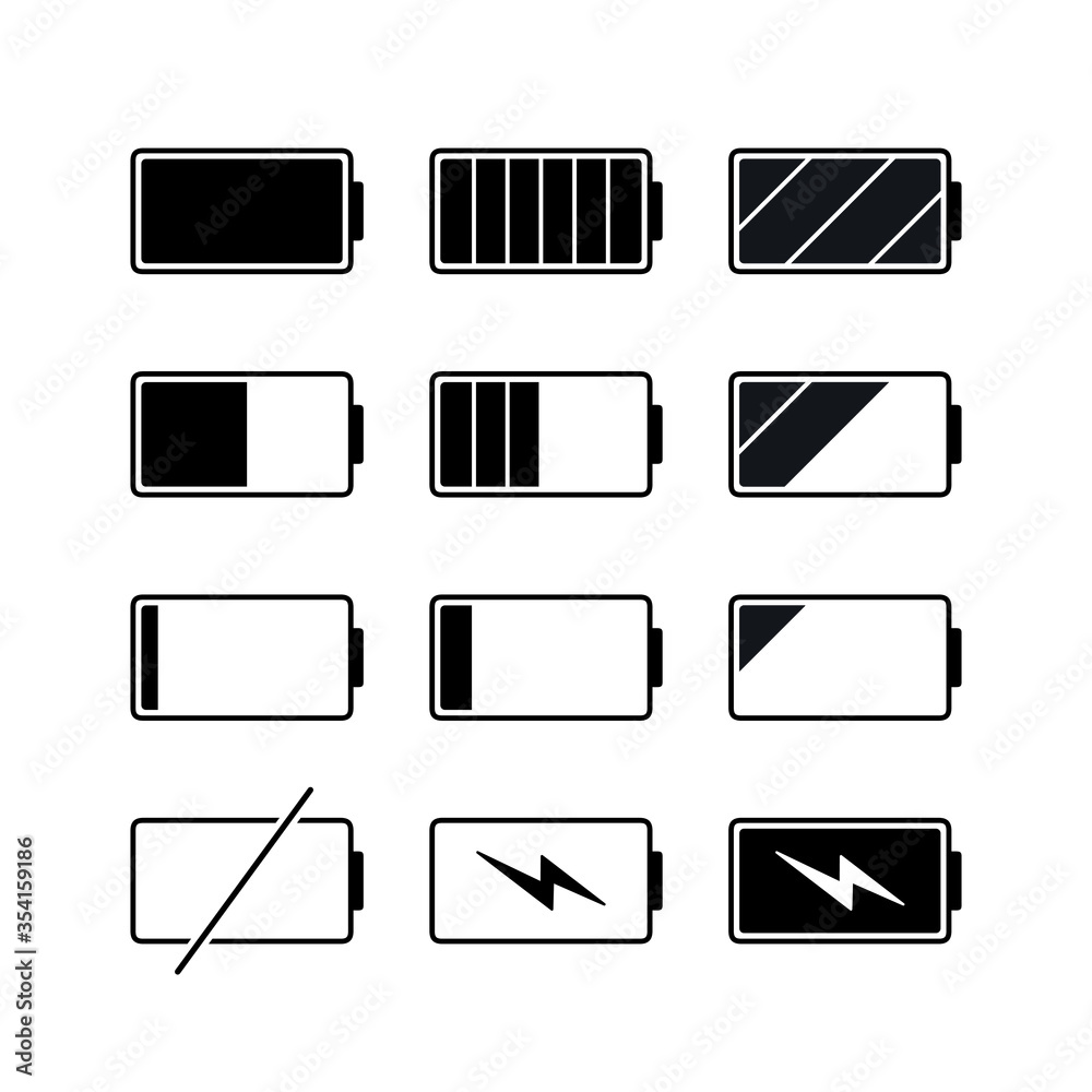 Black outline battery charge indicator icons in level, simple shape ...