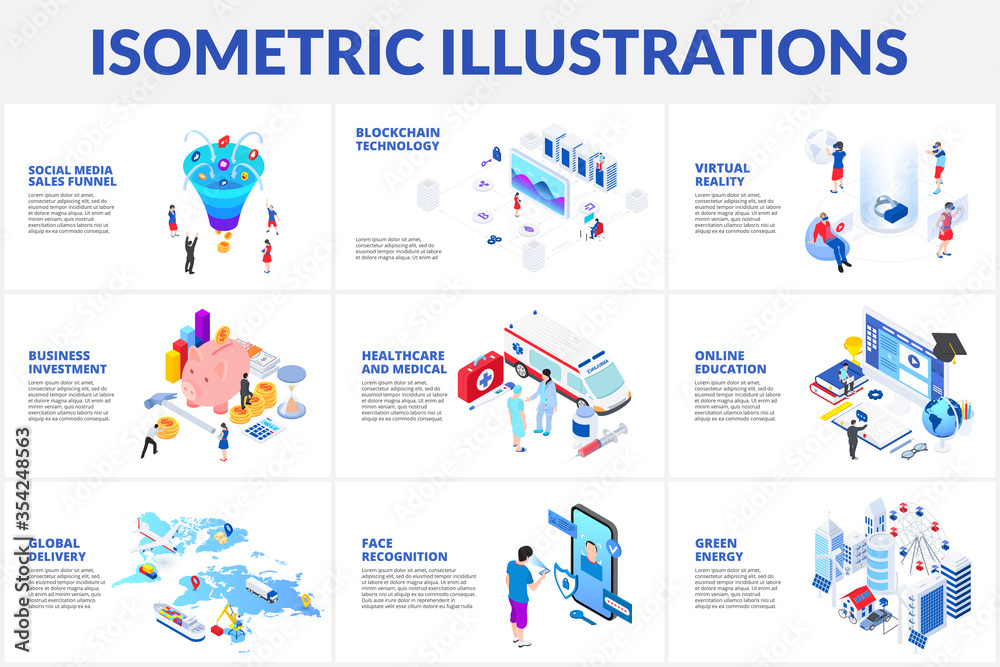 Isometric 3d illustrations set. Medical, sales funnel, online education ...