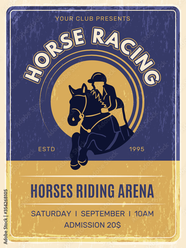 Equestrian poster. Horse domestic ride animals with jockey in helmet ...