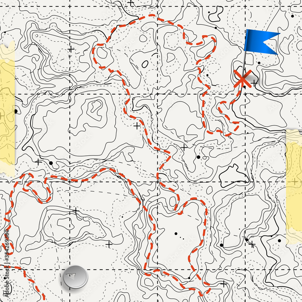Fictional topographic map with pins and paths. Lined conceptual ...