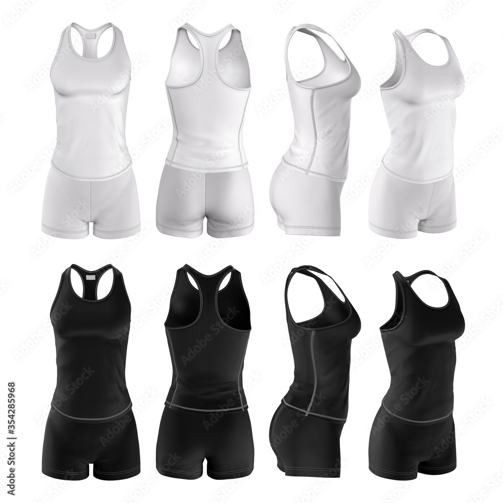 Sports women's singlet and shorts of white and black. Front, back, side ...