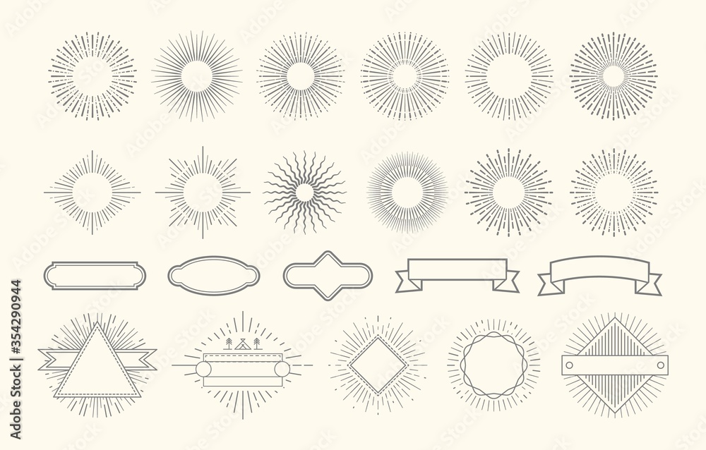 Retro starburst set. Vintage sunburst graphic elements. Sunrise circle ...