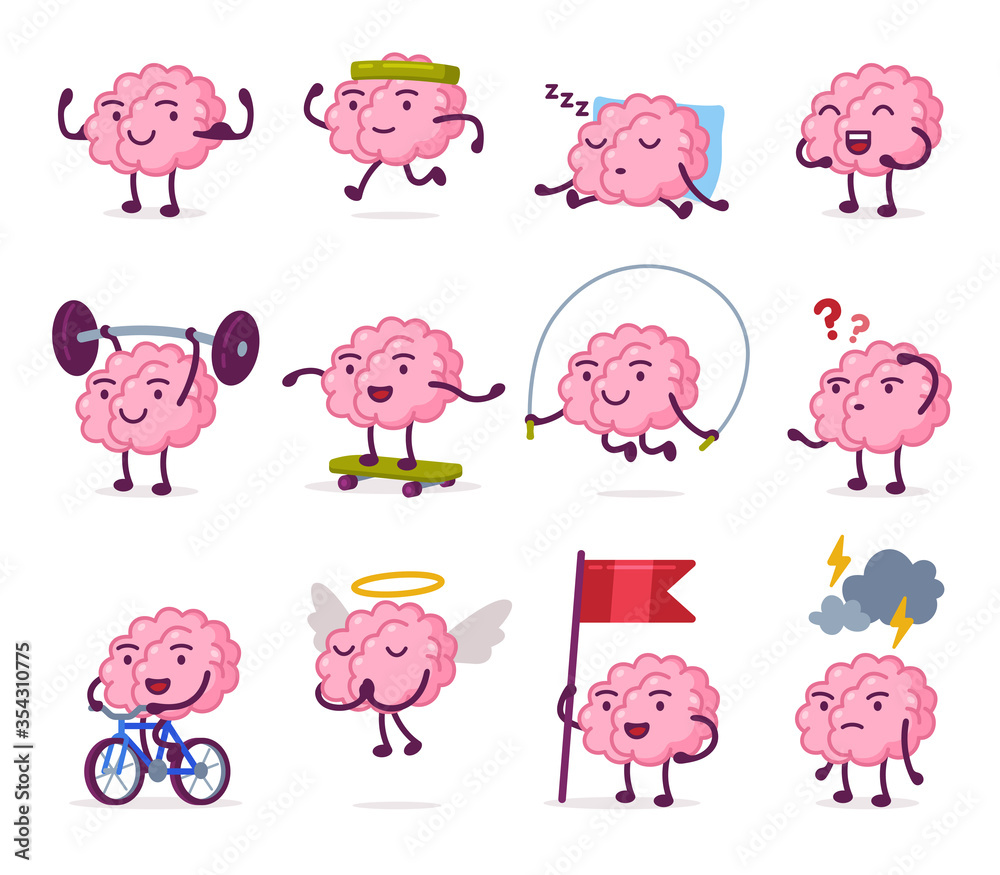 Cute Pink Brain with Various Emotions Set, Funny Human Nervous System ...