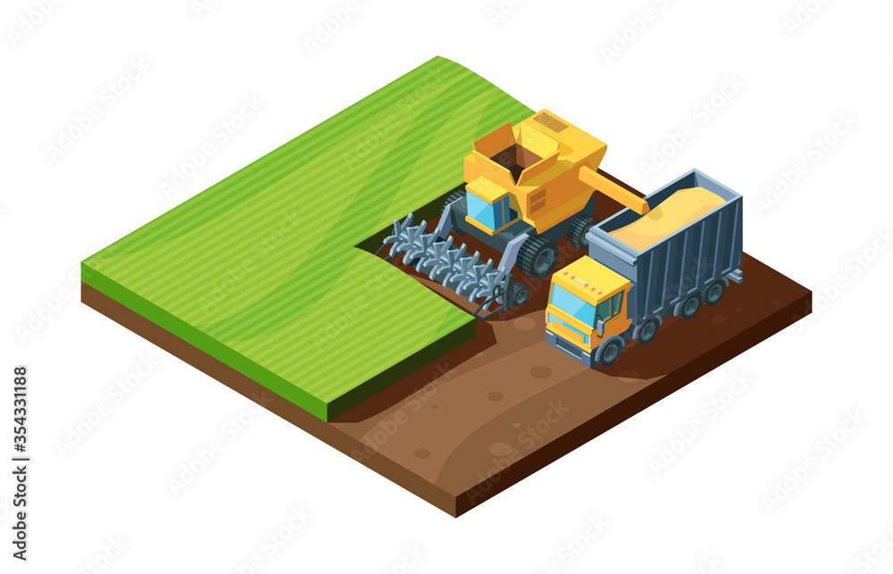 Harvesting isometric illustration. Combine vibrant harvester and ...