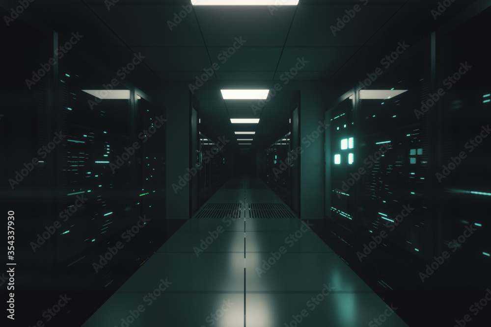 Endless flight along server blocks. Data center and internet. Server ...