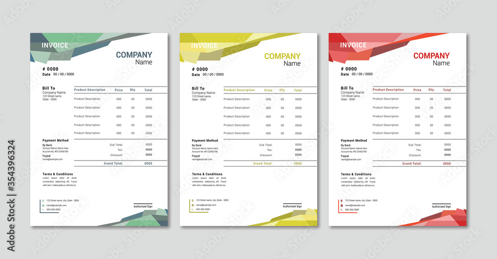 Printable invoice template Design With 3 Colors Stock Vector | Adobe Stock