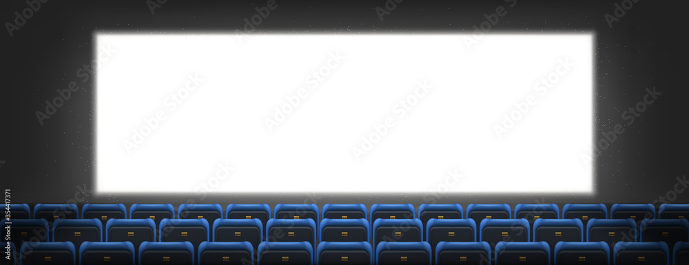 Cinema screen, lightbox in movie theater hall with seats rows. Blank ...