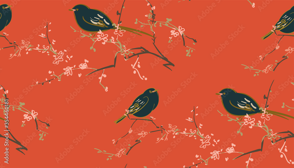 sakura bird flower vector japanese chinese nature ink illustration ...