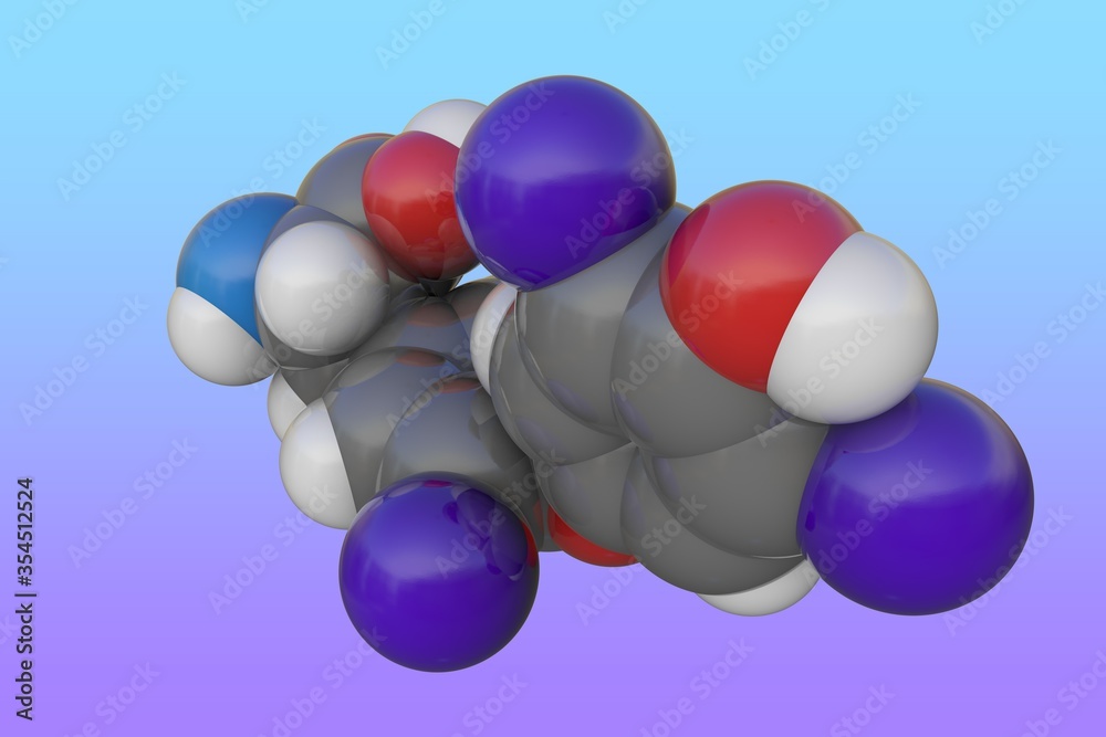 Molecular model of levothyroxine. Atoms are represented as spheres with ...