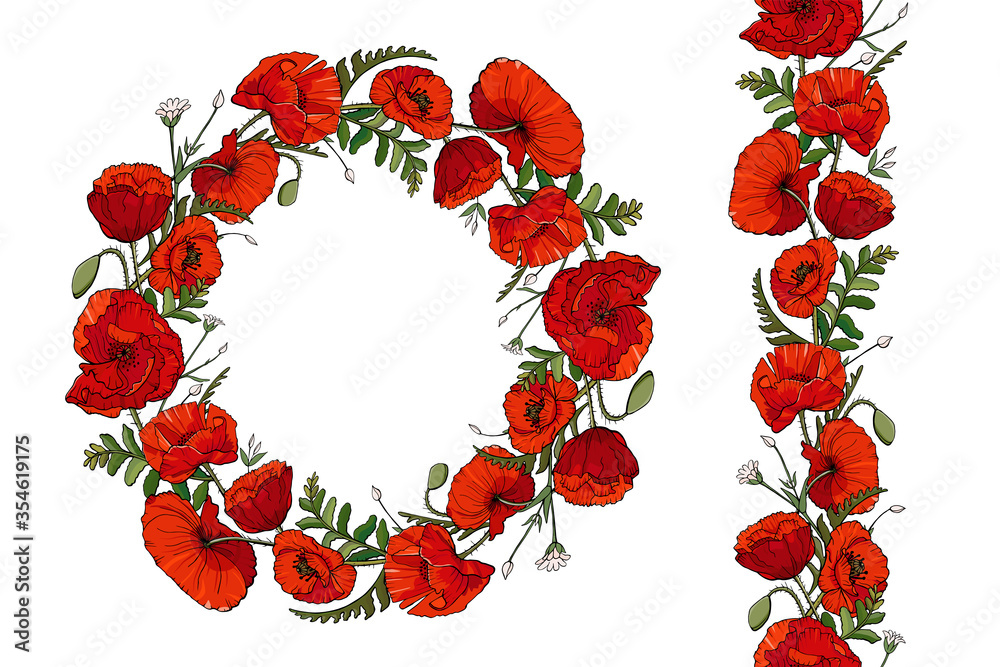poppy flower wreath and seamless brush Stock Vector | Adobe Stock
