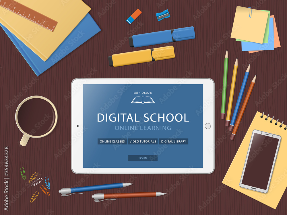 Desktop with tablet and school supplies. Online learning website page ...