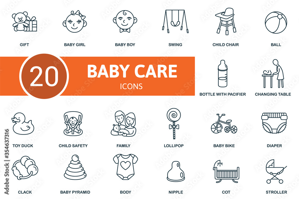 Baby Care icon set. Collection contain stroller, duck, ball, swing ...
