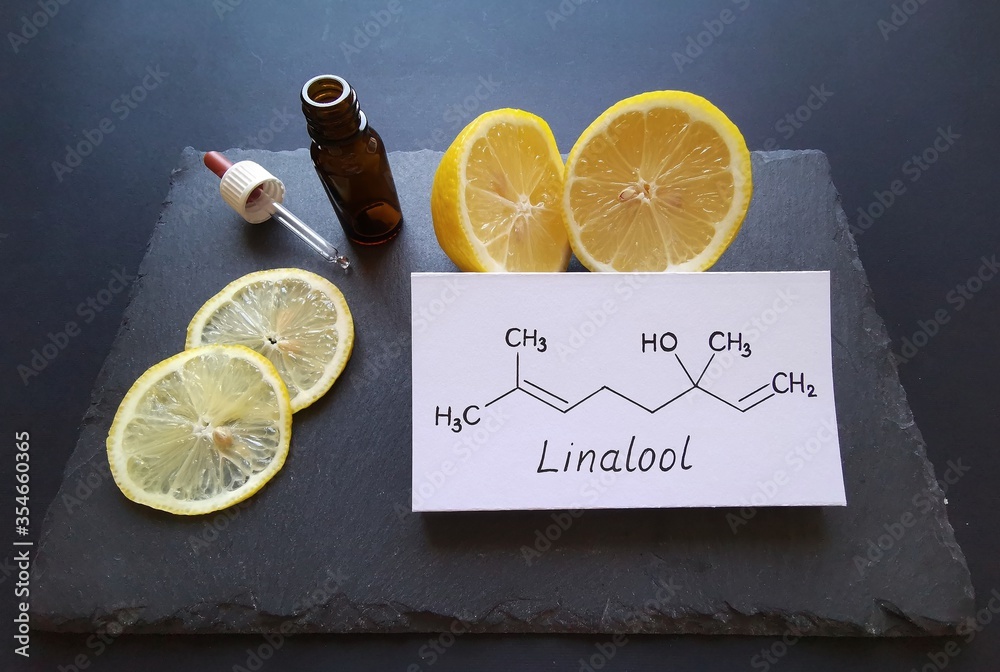 Foto de Stock Structural chemical formula of linalool with fresh citrus ...