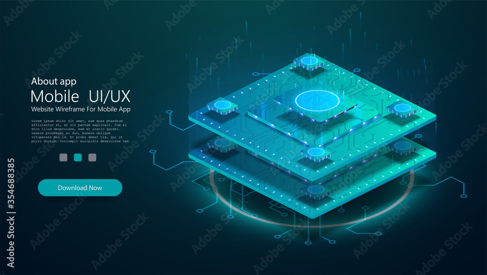 Futuristic microchip processor with lights on the green background. Quantum computer,large data ...