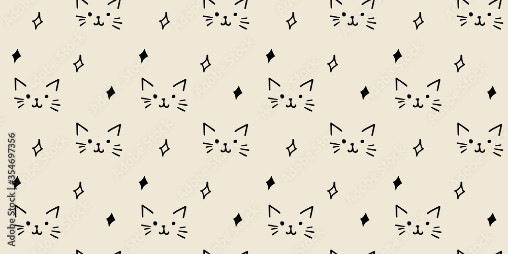 Hand drawn black and white cat faces shiny glisten icon seamless ...