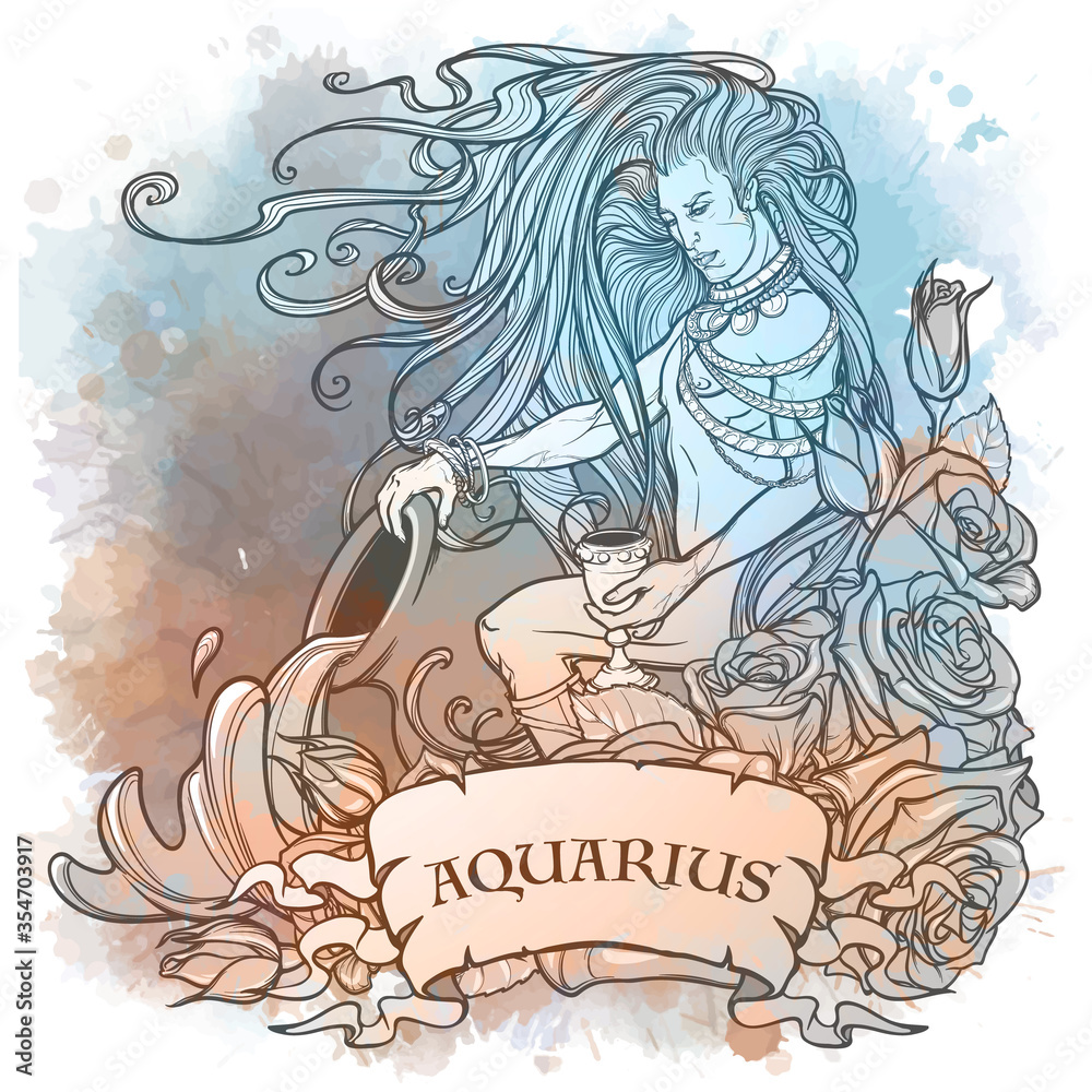 Zodiac sign of Aquarius, element of Air. Intricate linear drawing ...