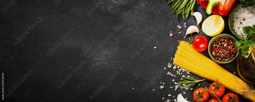 Food cooking background at black table top view. Stock Photo | Adobe Stock