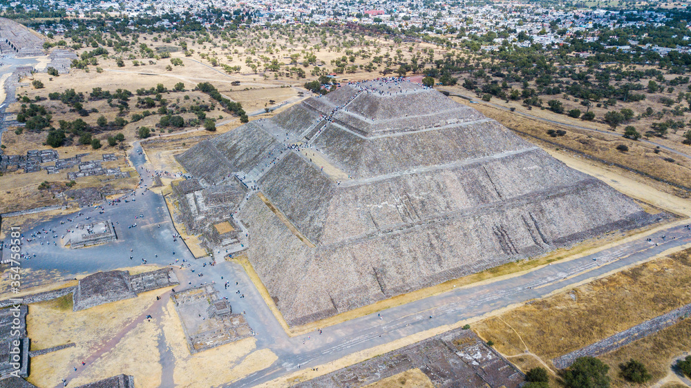 Aerial view of the pyramids of Teotihuacan, ancient Mesoamerican city ...