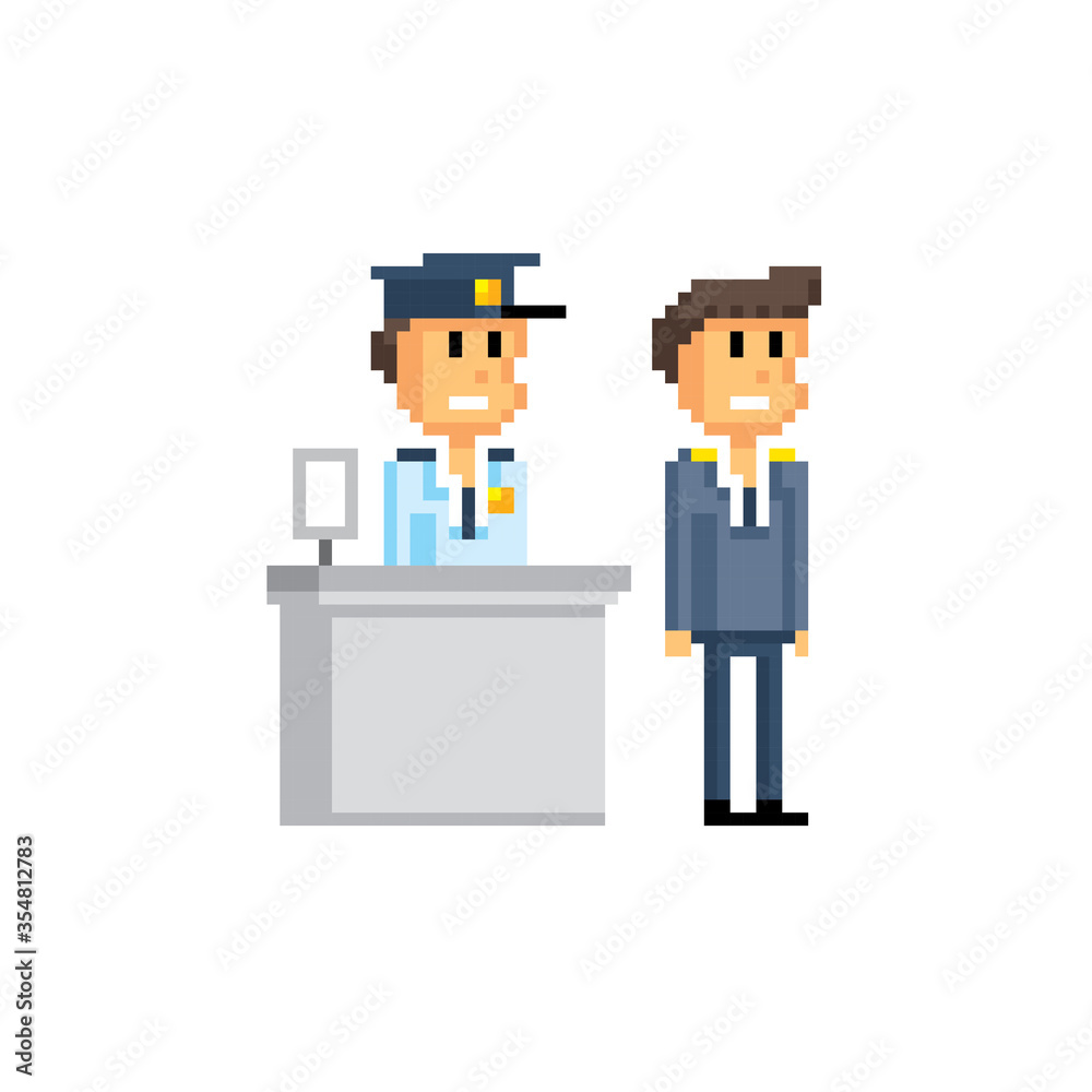 Customs, passport control, airport staff. Pixel art. Old school ...