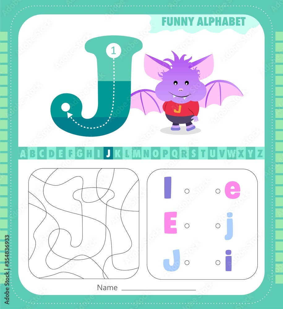Letter J and funny cartoon bat. Alphabet a-z. Coloring page. Printable ...