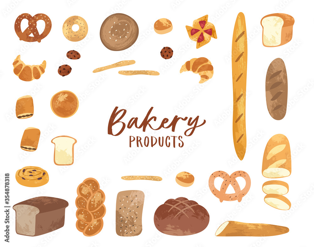 Set of different types, shapes and sizes of breads and homemade baked ...