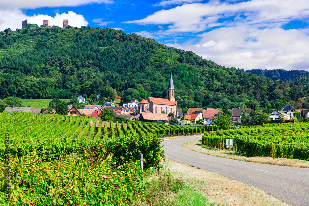 Beautiful countryside of Alsace region- famous "vine route" in France ...