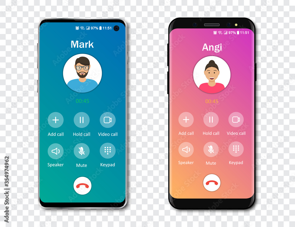 Smartphone call app interface template on a transparent background ...