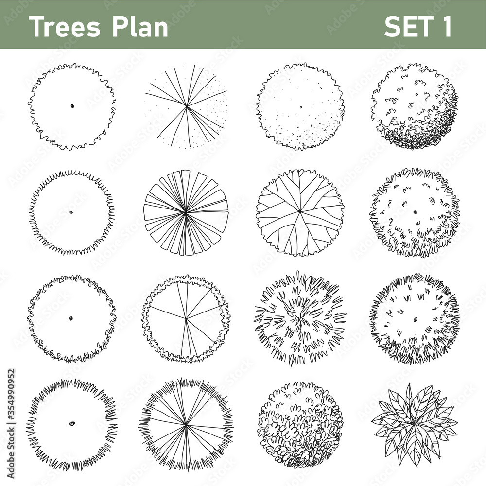 Tree top, tree plan - free hand drawn doodle top view trees for landscape plan. Can change the ...