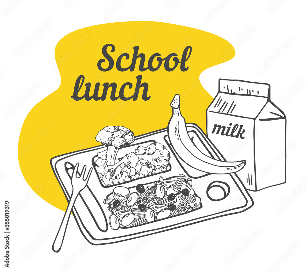 School cafeteria composition. Tray with food, banana and pack of milk ...