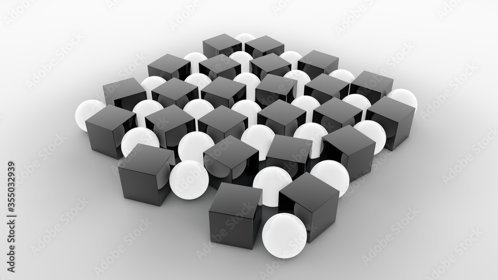3D rendering of balls and cubes on a white background with a reflective ...