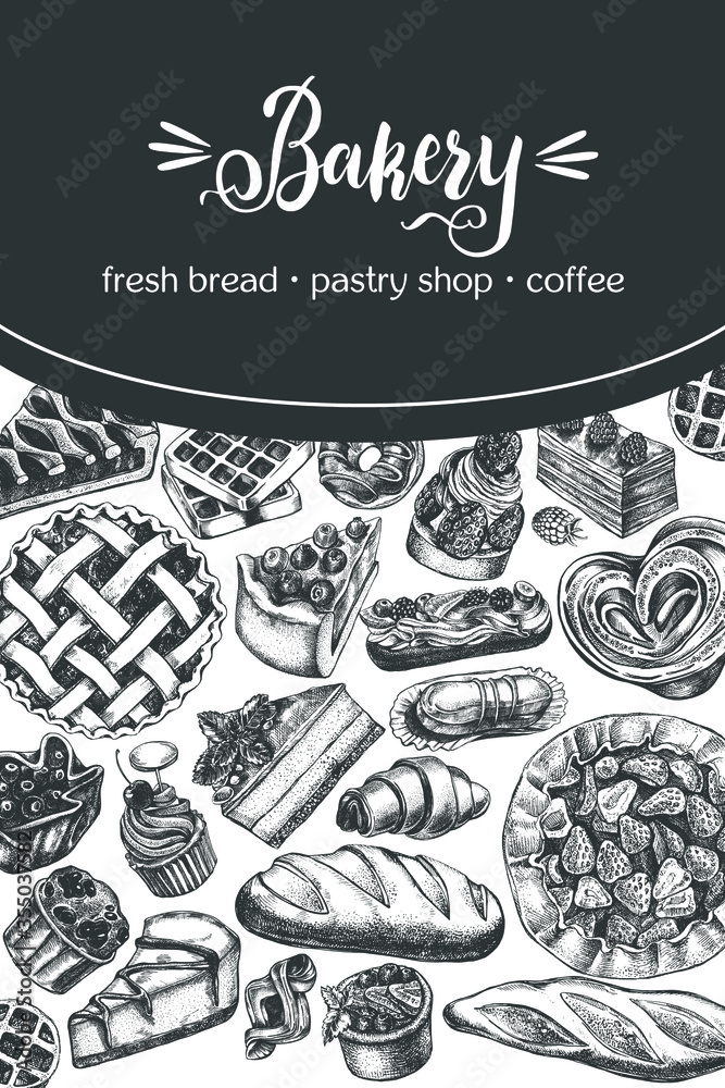 Ink hand drawn background with berry pies, cakes, desserts, pastries ...