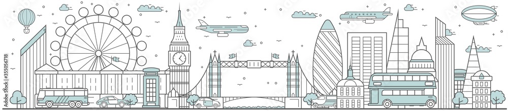London skyline. Line cityscape with building landmarks horizontal ...