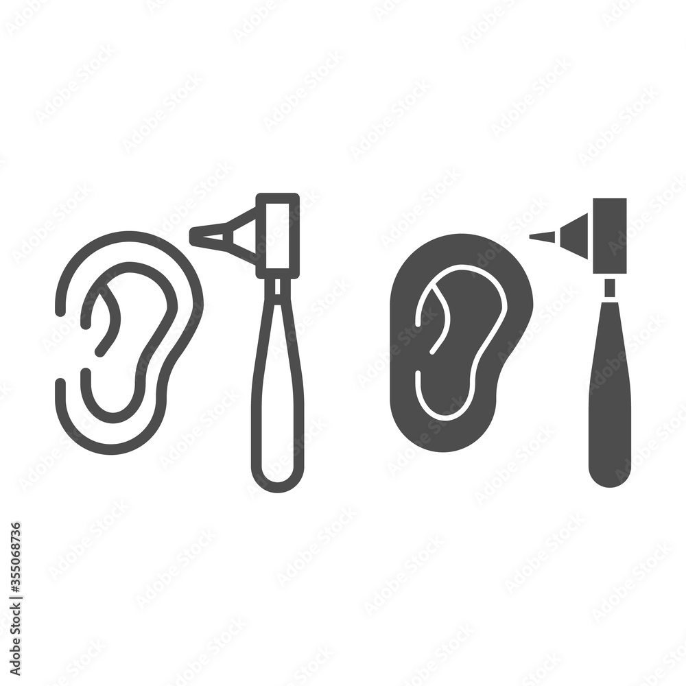 Otoscope and human ear line and solid icon, medical concept ...