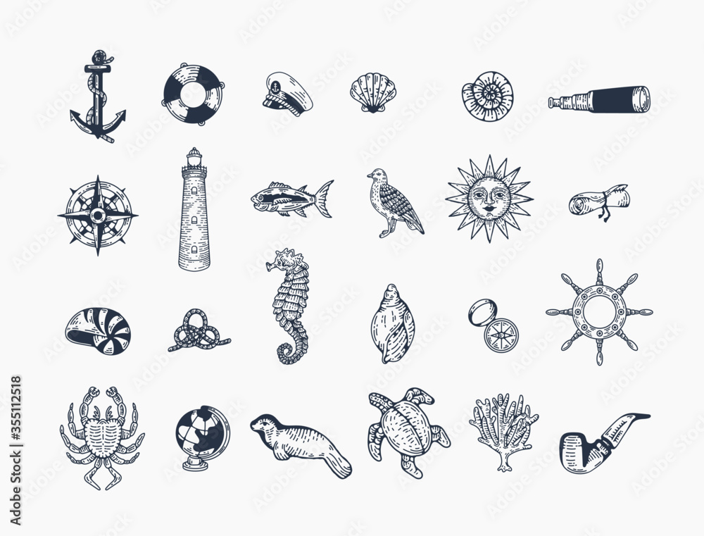nautical illustration vector clip art set. engraved vintage vector sea elements for logo design ...