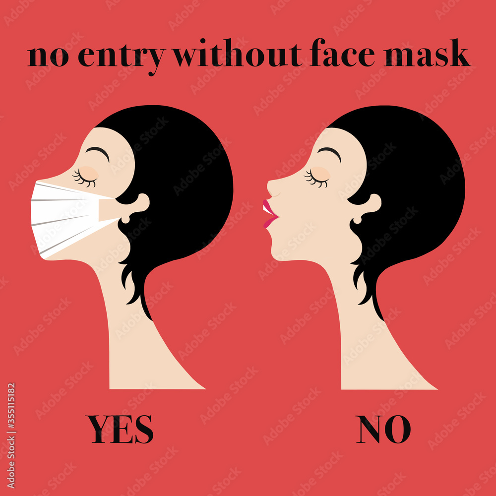 no entry without face mask, illustration of two characters, red ...