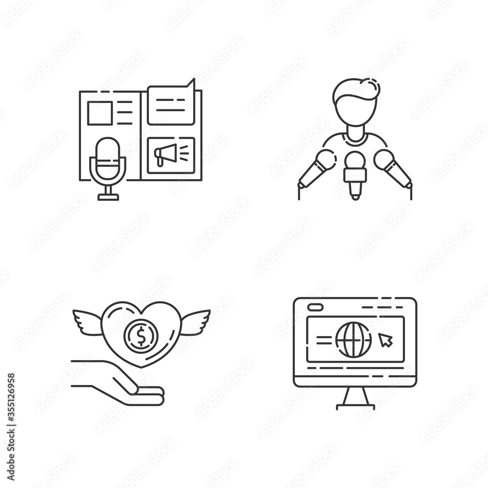 Public relation pixel perfect linear icons set. Advertorial press ...