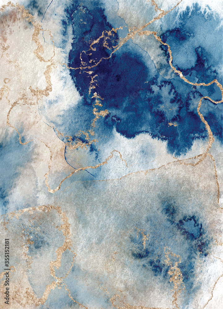 Watercolor abstract classic blue and gold, background, hand drawn ...