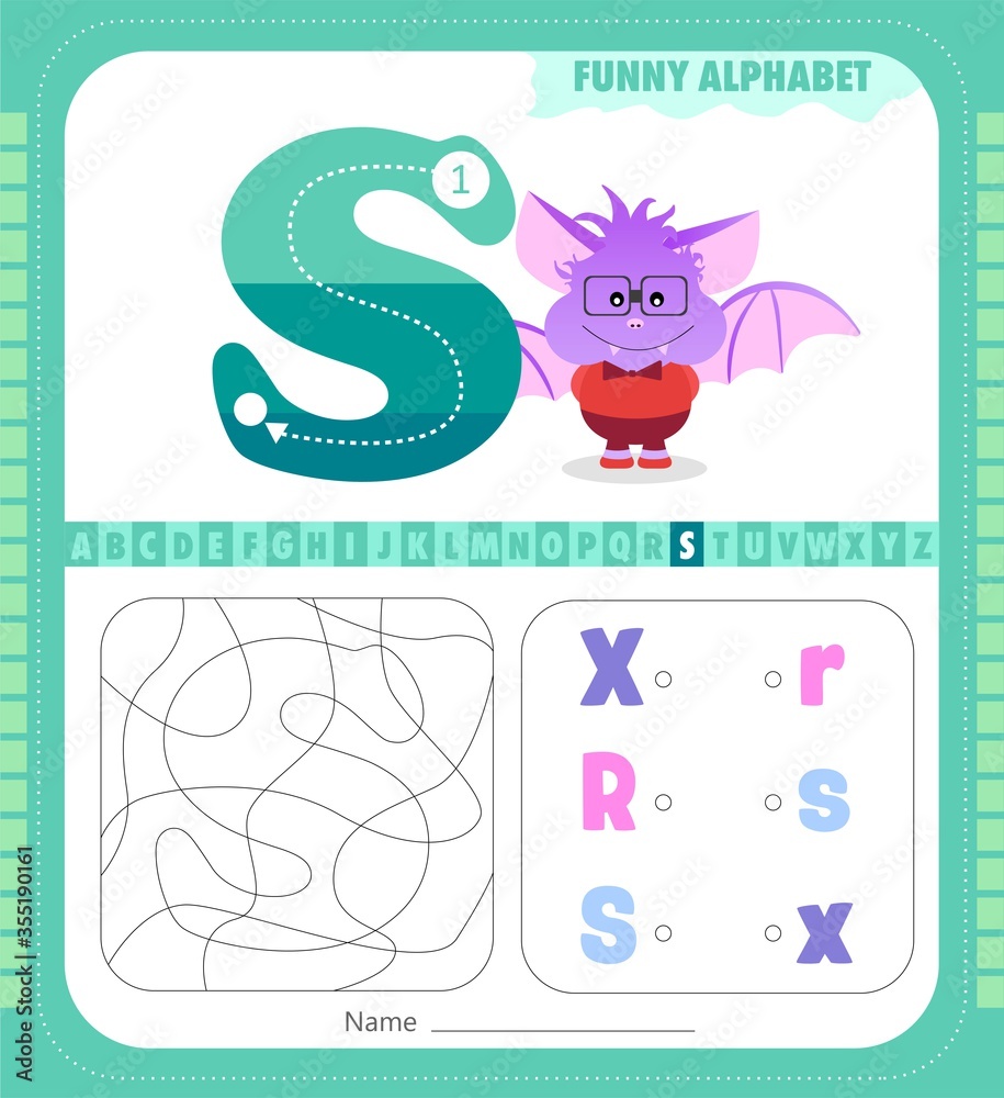 Letter S and funny cartoon bat. Alphabet a-z. Coloring page. Printable ...