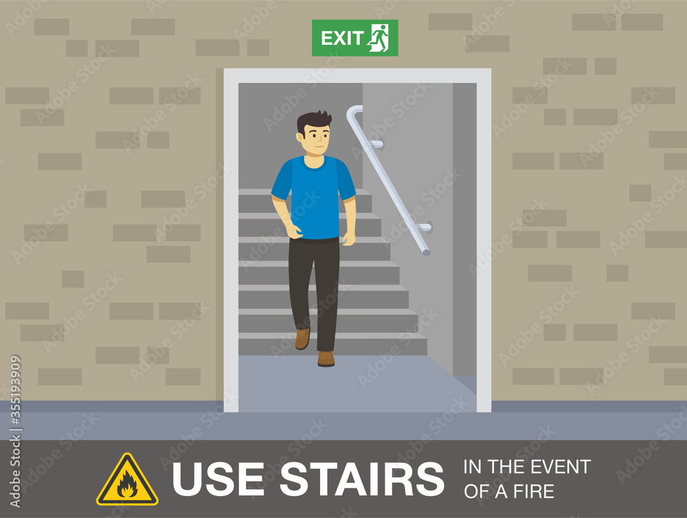 Fire safety activity. Young man going down stairs to escape a fire ...