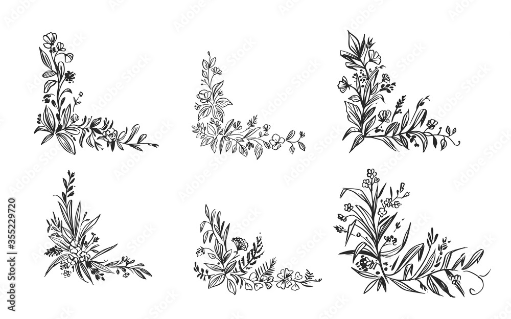 Set of hand drawn floral coners. Decorative frame design. Flowers and ...