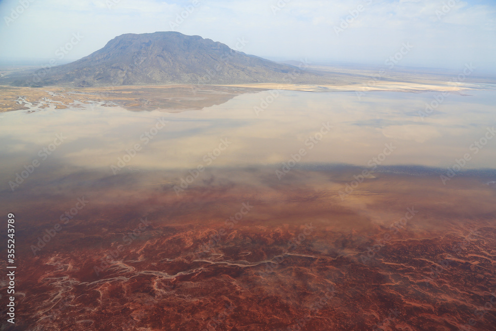 Aerial view of Lake Natron in the Great Rift Valley, on the border ...