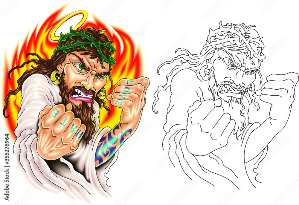 Angry Jesus Christ on a background of fire. Vector illustration in old ...
